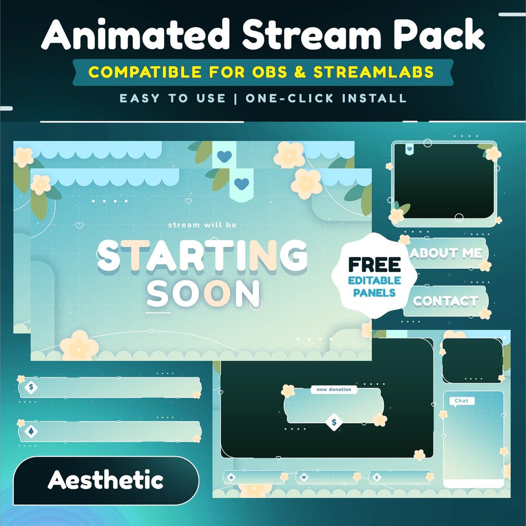 Pure Aqua Animated Stream Overlay Package for Twitch/simple Flower ...