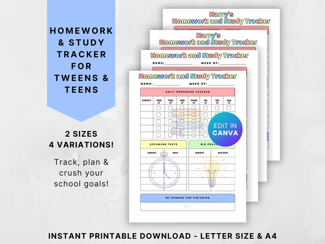 Homework and Study Tracker for Teens, Digital Homework Planner, Student ...