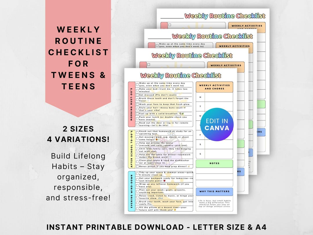 Daily Checklist for Teens ADHD Visual Schedule, Printable Routine Chore ...