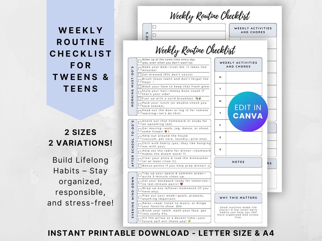 Visual Schedule for Teens, Daily Routine Checklist, Printable Chore ...