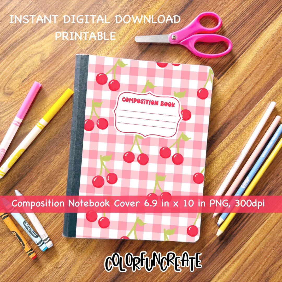 Printable Composition Notebook Cover PNG, Cherry Gingham Composition ...