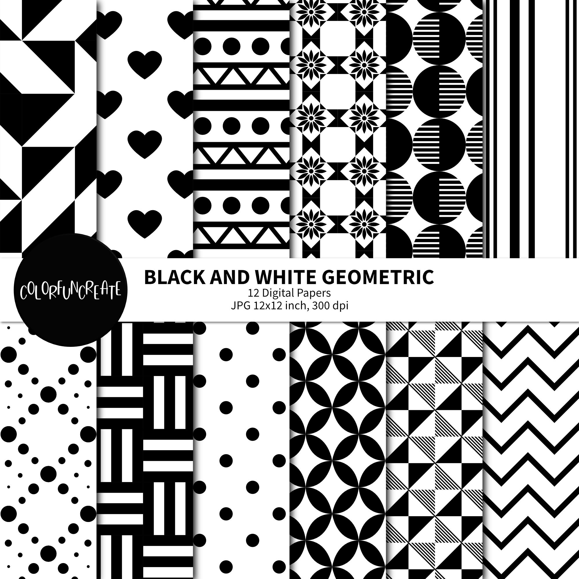 SALE Black and White Geometric Digital Papers, Printable Abstract ...