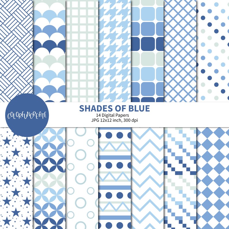 SALE Shades of Blue Digital Papers, Blue and White Digital Paper Pack ...
