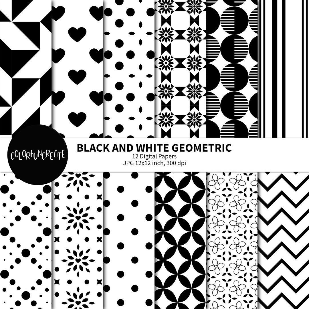 SALE Black and White Geometric Digital Papers, Printable Abstract ...