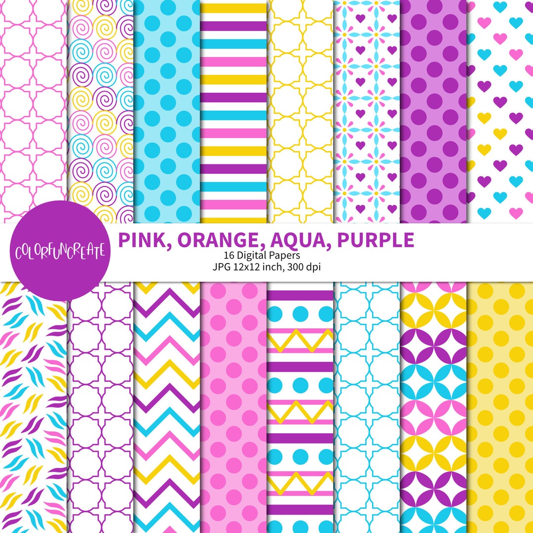 SALE Pink, Orange, Aqua, and Purple Digital Papers, Colorful Digital ...