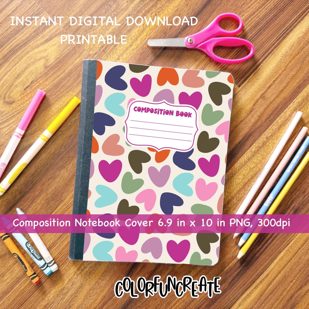 Printable Composition Notebook Cover PNG, Colorful Hearts Composition ...