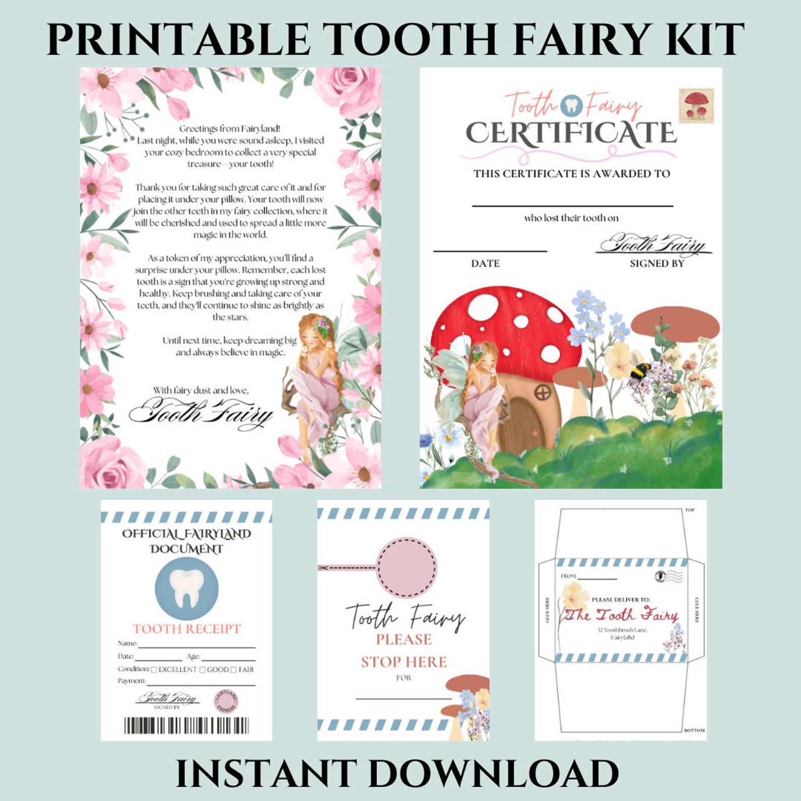 Garden Themed Tooth Fairy Printable Set With Certificate, Tooth Receipt ...