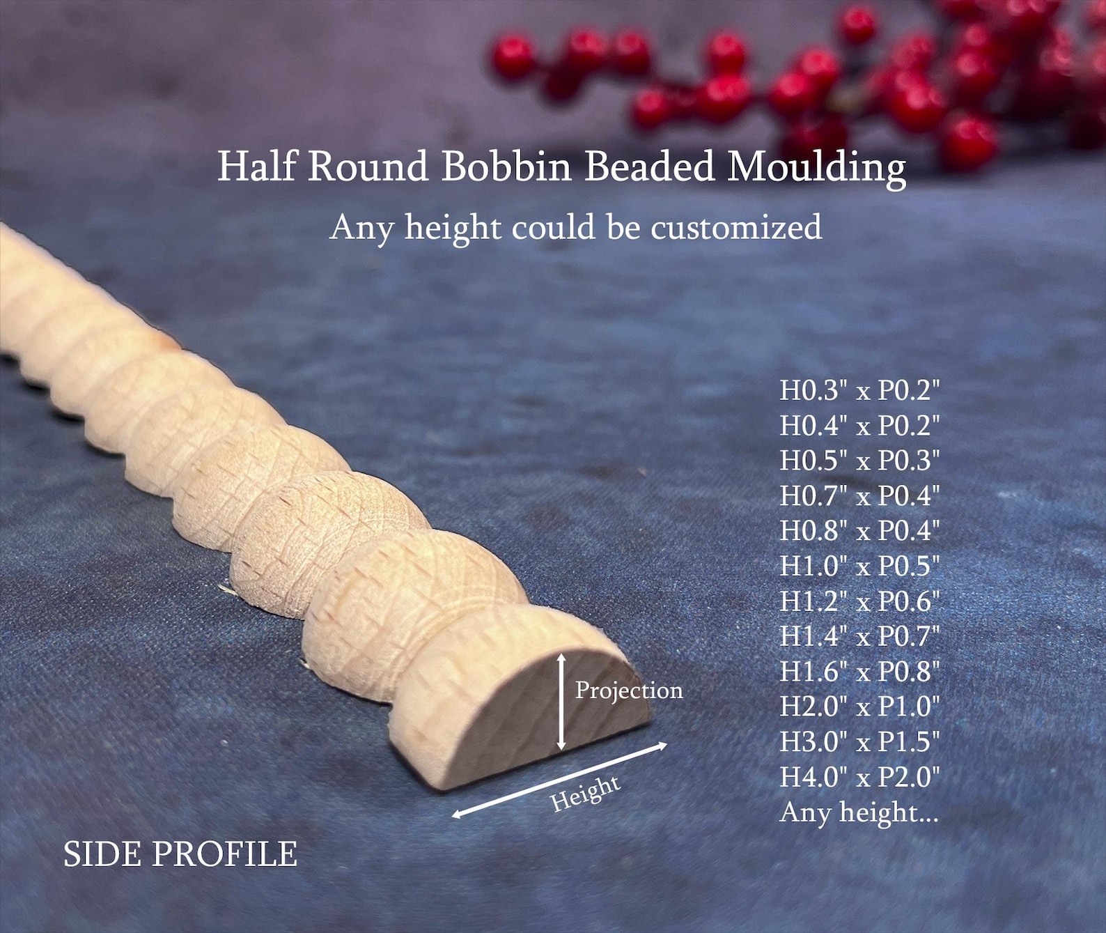 H0.3" to H4.0" Beaded Bobbin Trim, Semi-round Solid Wood Molding for ...