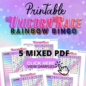 5 Unicorn Race Rainbow Bingo Board, 1 to 15 Players, 75 Ball, Printable ...