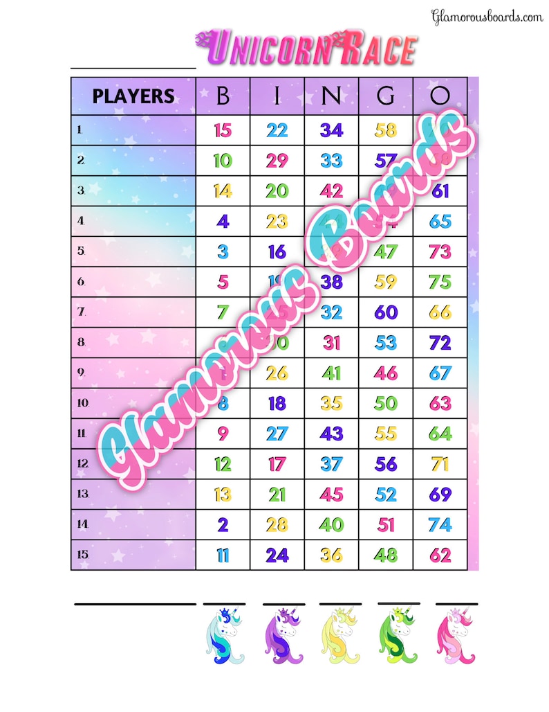 5 Unicorn Race Rainbow Bingo Board, 1 to 15 Players, 75 Ball, Printable ...