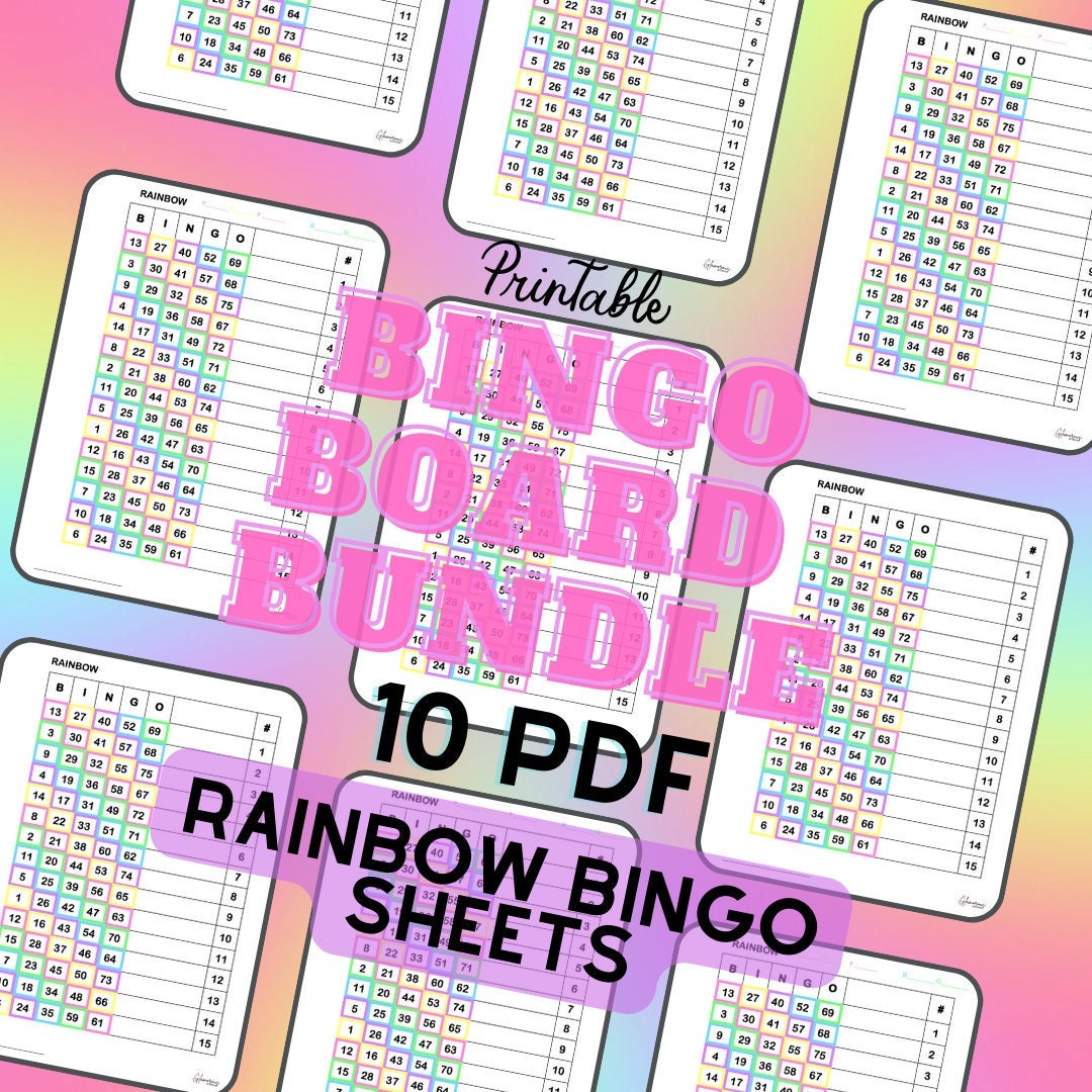 10 RAINBOW BINGO Mixed Boards 15 Lines, 1-75 Ball, 10 PDF Bingo Boards ...