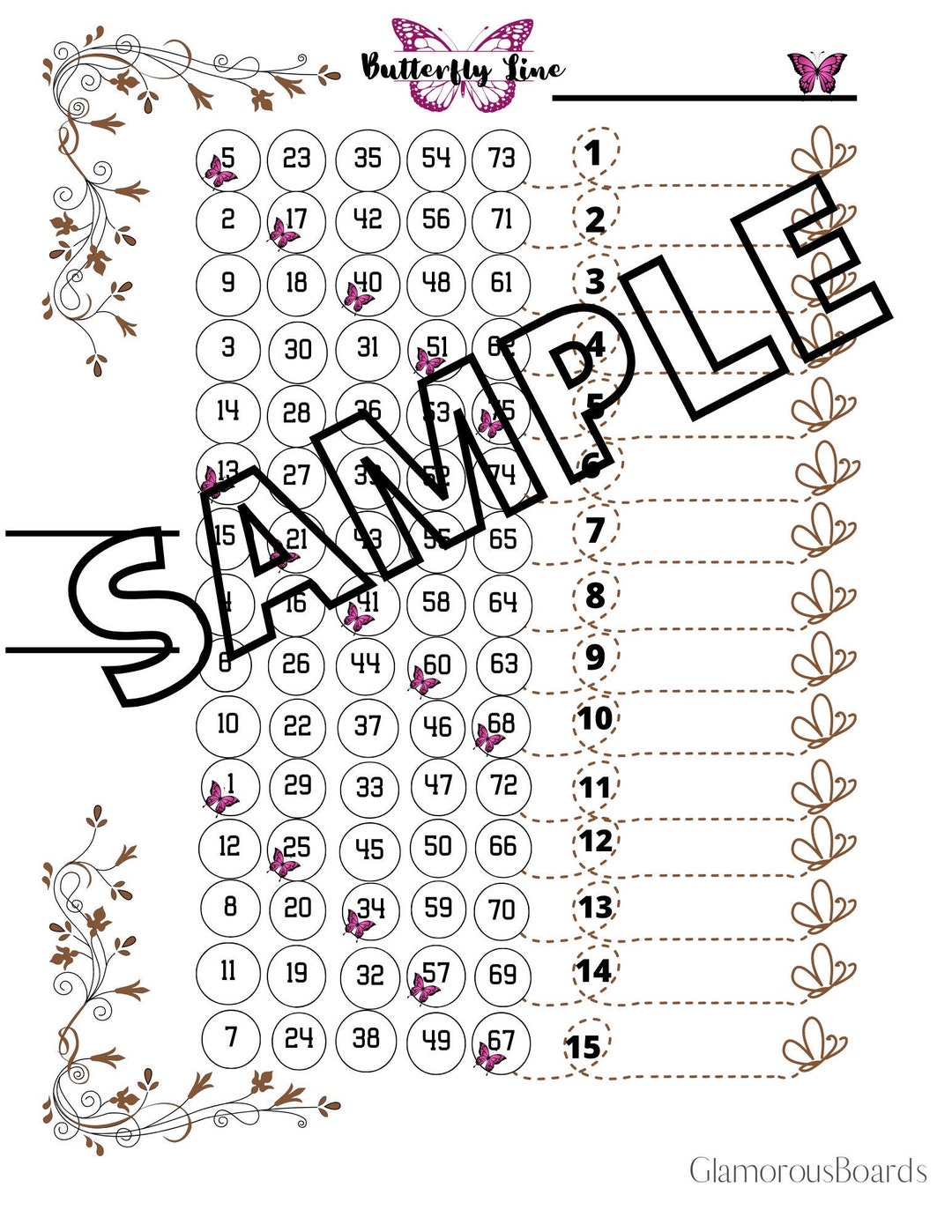 Butterfly Line 1 to 15 Lines Bingo Boards, Blank, Mixed, Straight Bingo ...