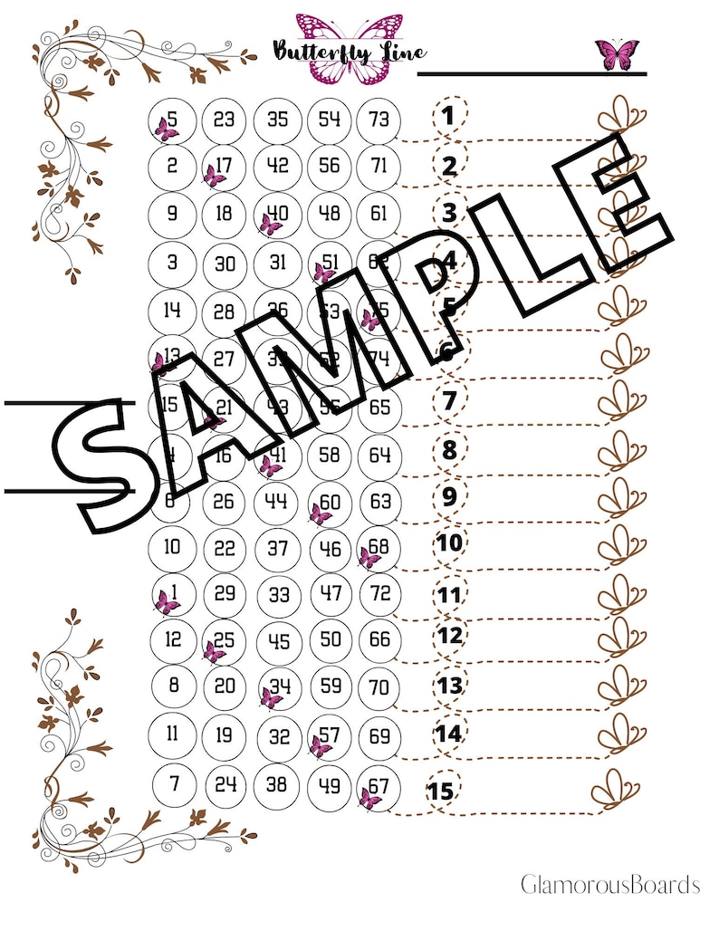 Butterfly Line 1 to 15 Lines Bingo Boards, Blank, Mixed, Straight Bingo ...