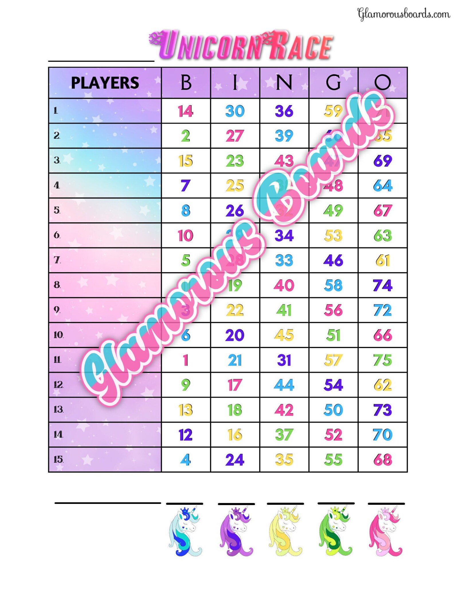 5 Unicorn Race Rainbow Bingo Board, 1 to 15 Players, 75 Ball, Printable ...