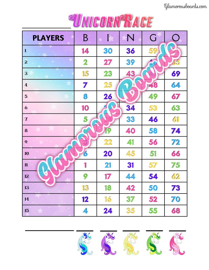 5 Unicorn Race Rainbow Bingo Board, 1 to 15 Players, 75 Ball, Printable ...