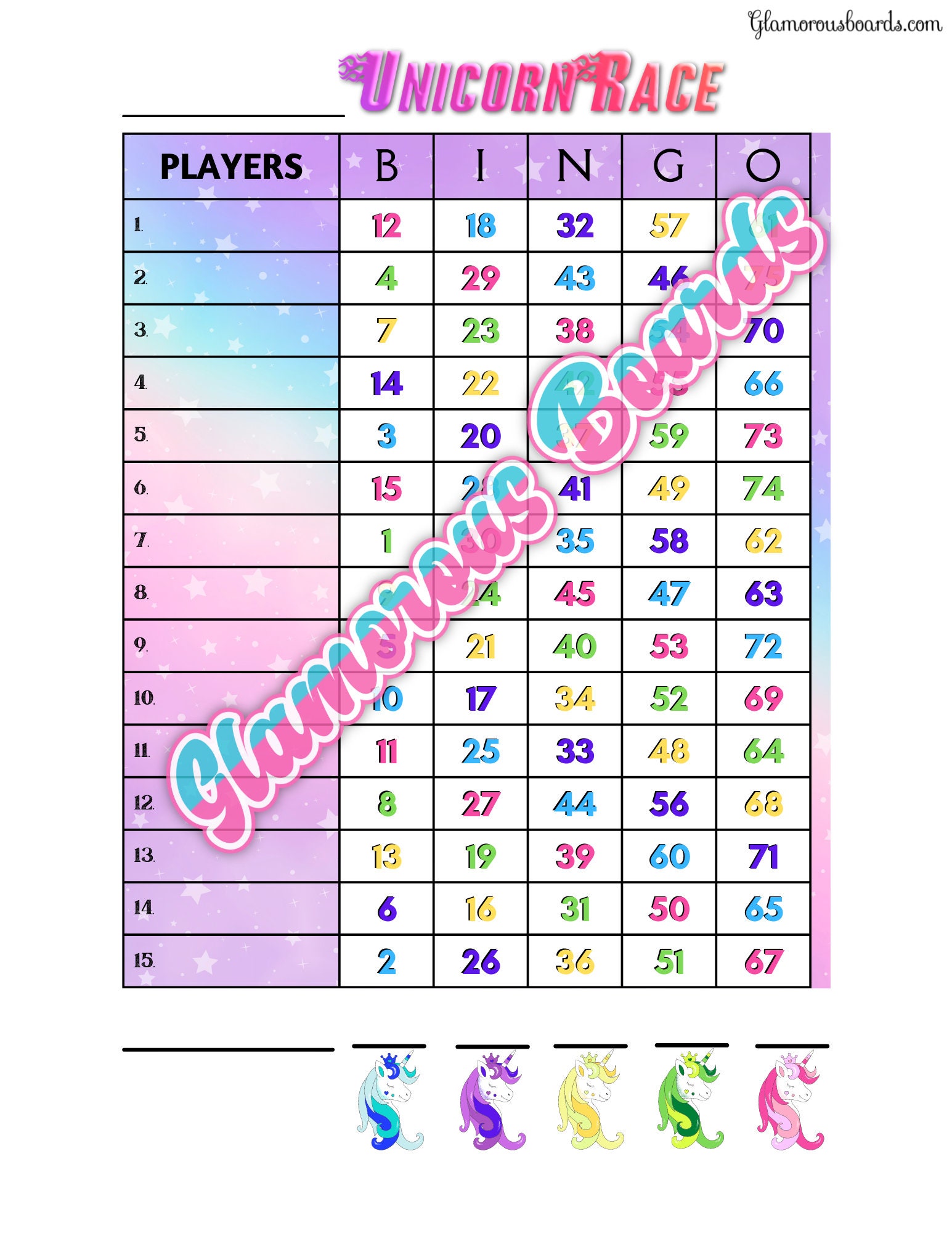 5 Unicorn Race Rainbow Bingo Board, 1 to 15 Players, 75 Ball, Printable ...