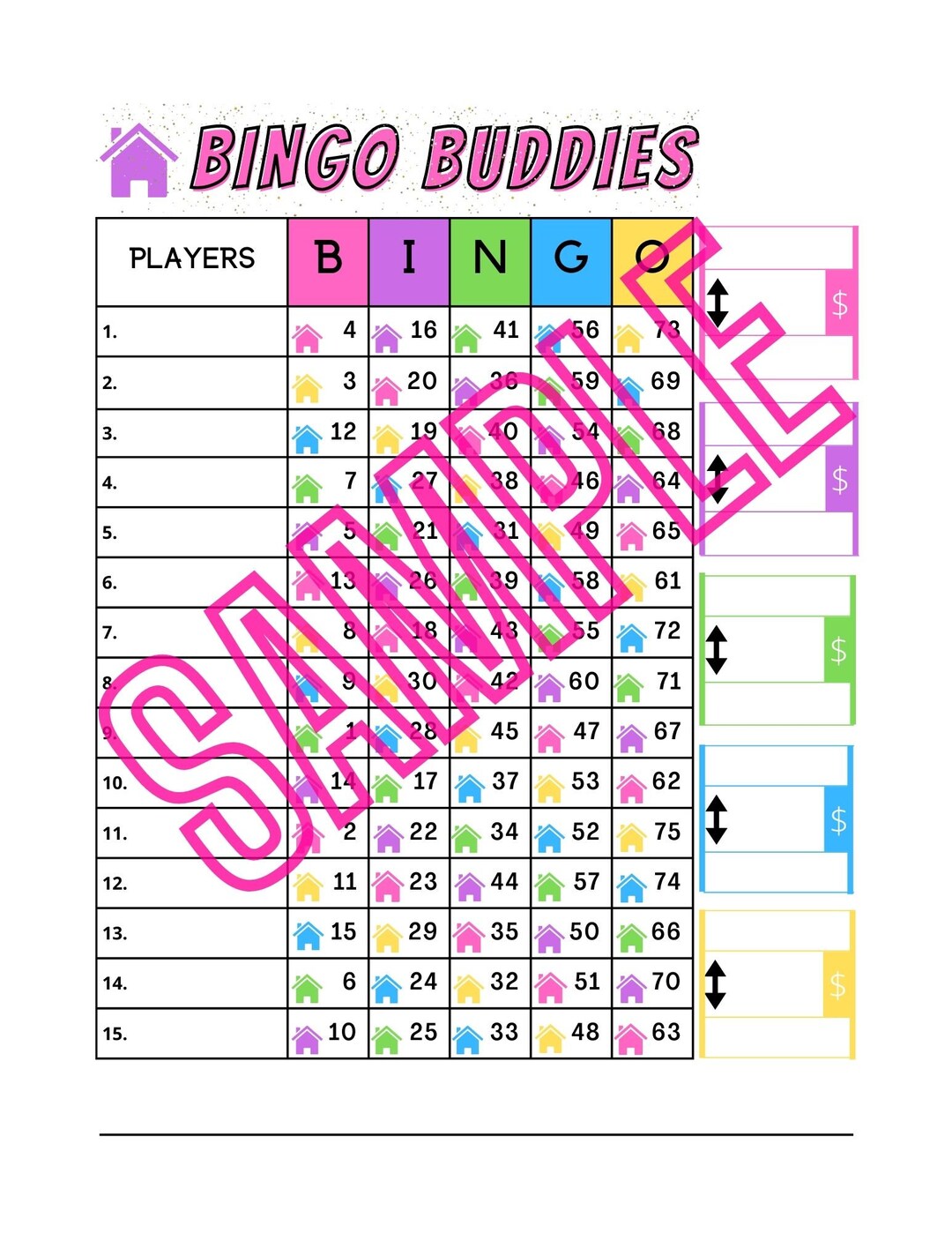 Bingo Buddies Board (mixed,straight,blank), 1-15 Lines, 75 Ball, Bingo ...