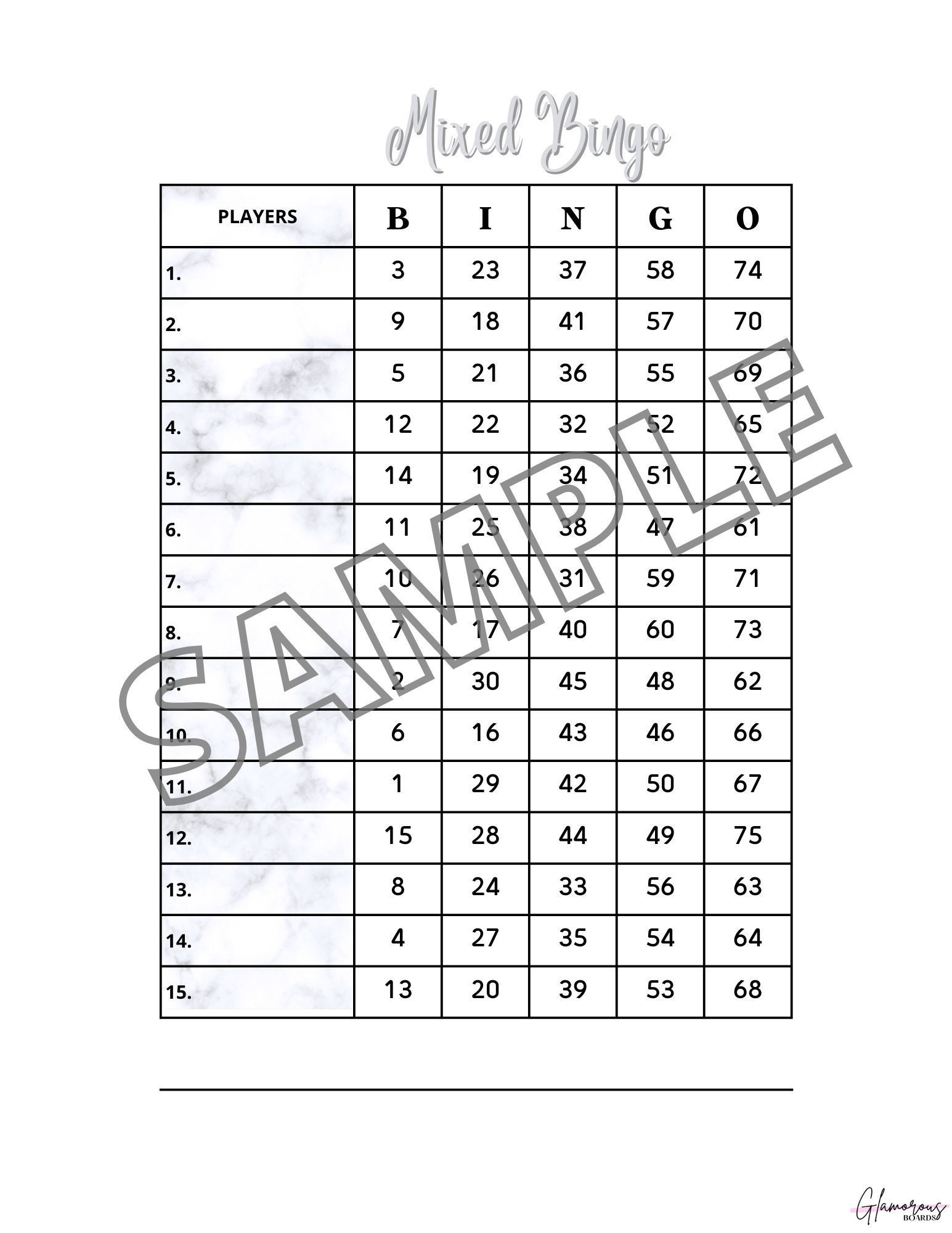 10 Mixed BINGO BOARD BUNDLES, 1-15 Lines, 75 Ball, Marble (black Grey ...