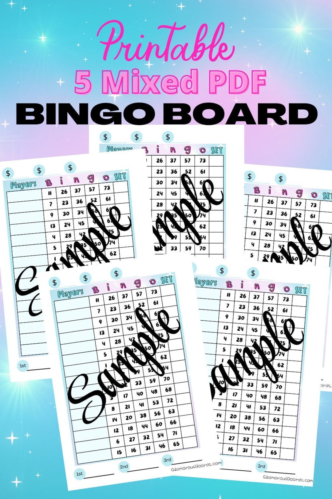 5 Mixed Bingo Boards, 1 to 15 Lines, 75 Ball, Printable Pdf Board, 8 ...