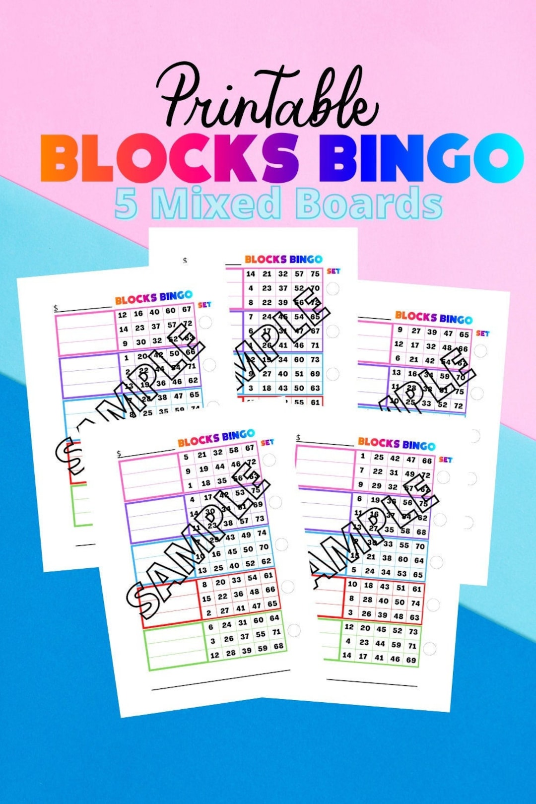 Blocks Bingo Board, 5 Mixed Sheets, Printable PDF Files Download, 8 ...