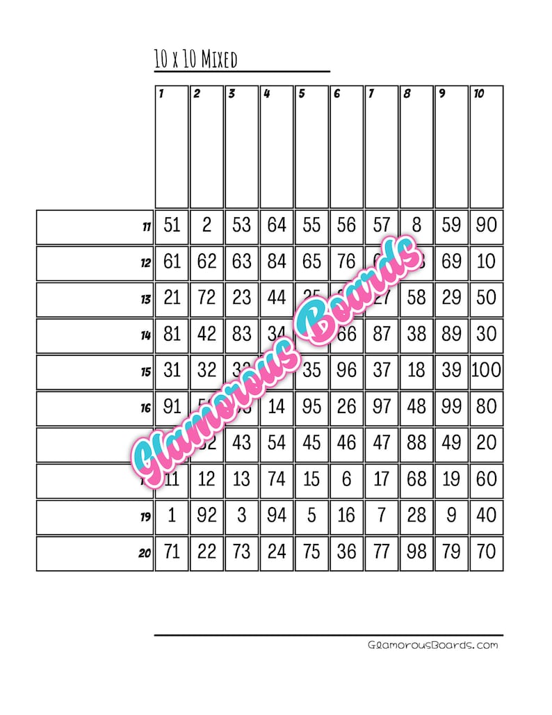 10x10 Grid Bingo Board (mixed,straight,blank), 1-100 Numbers, 20 ...