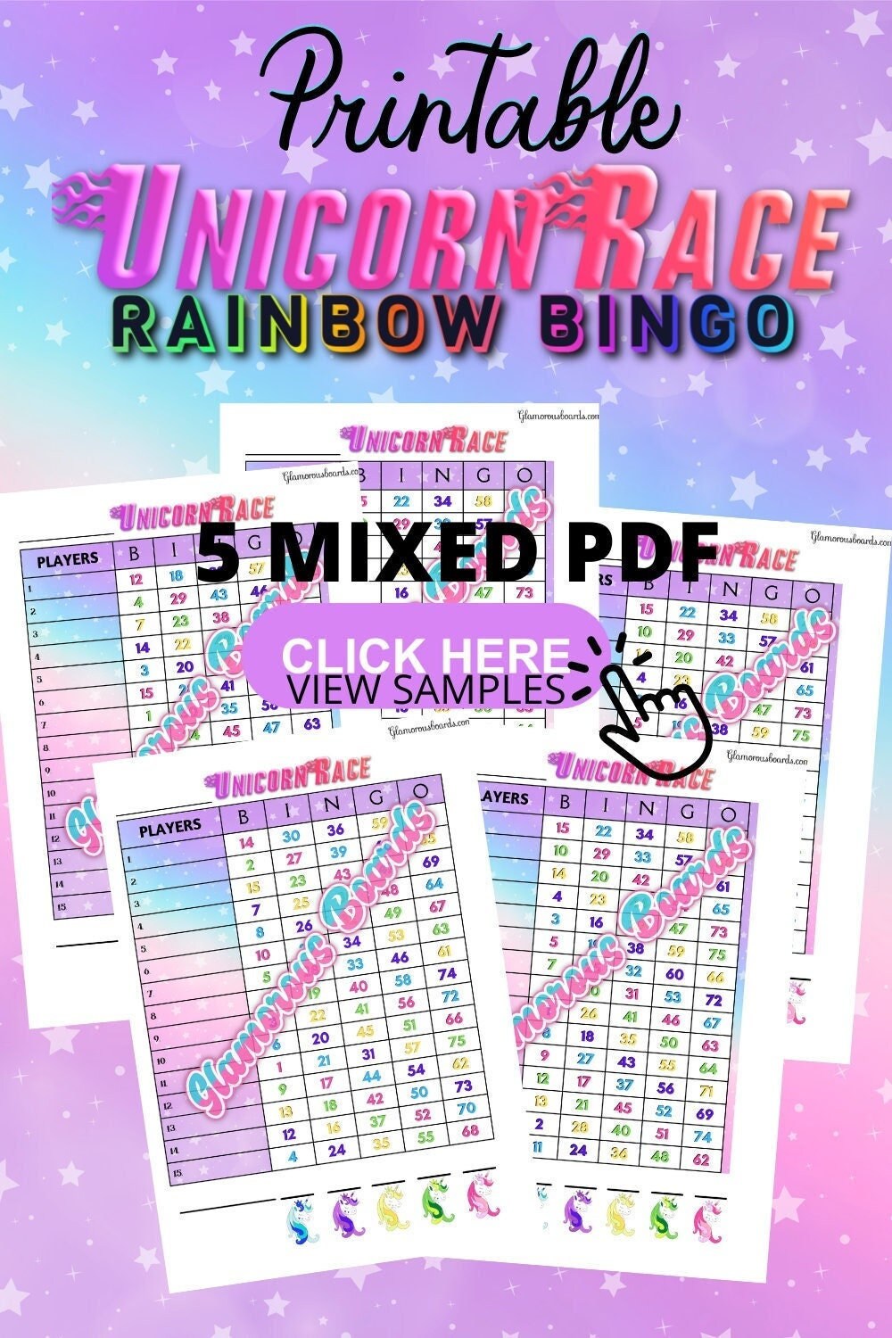 5 Unicorn Race Rainbow Bingo Board, 1 to 15 Players, 75 Ball, Printable ...
