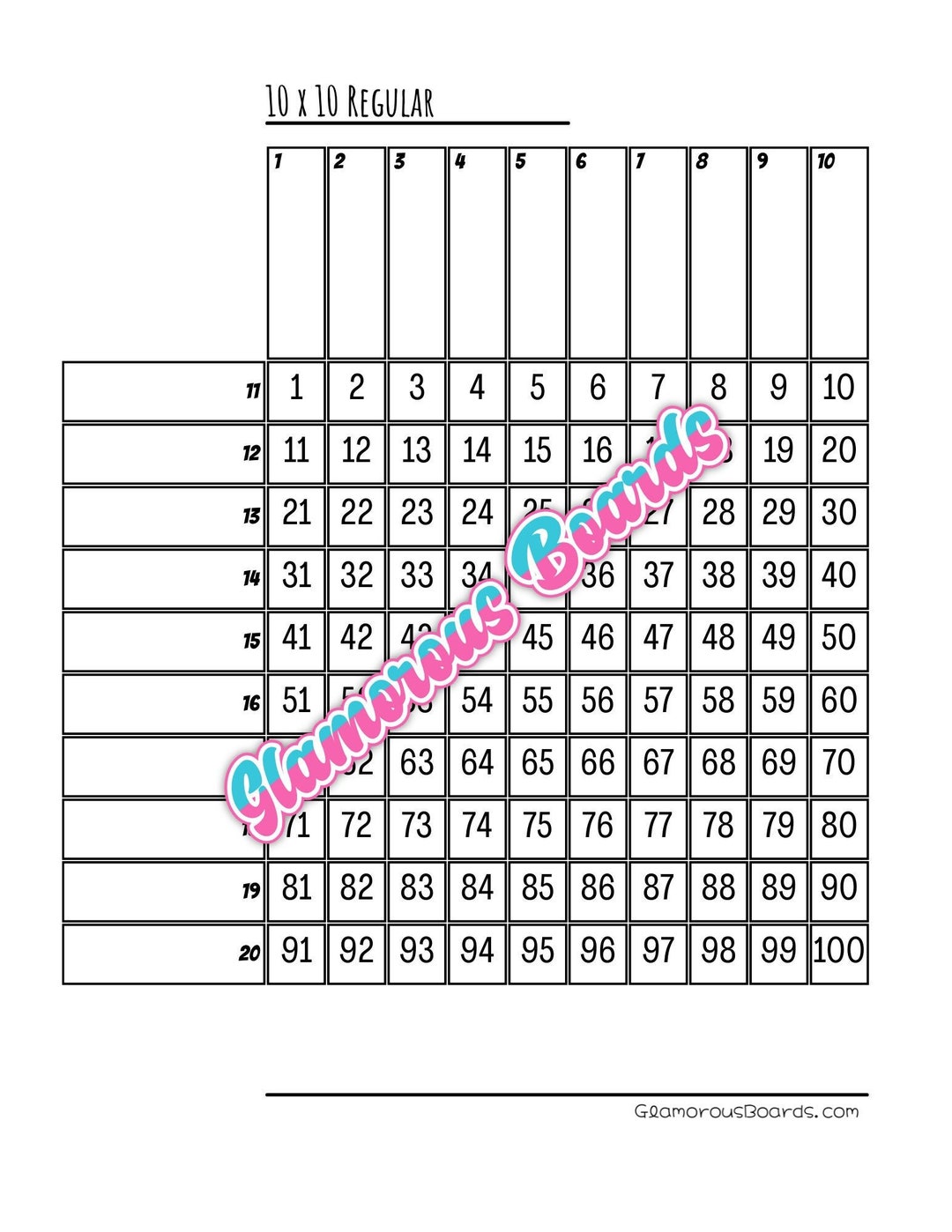 10x10 Grid Bingo Board (mixed,straight,blank), 1-100 Numbers, 20 ...