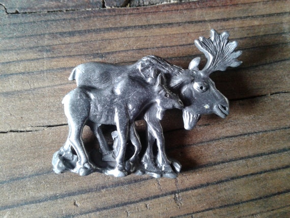 Pewter Moose Pin Brooch Torino USA Cow Calf Moose Mother's - Etsy
