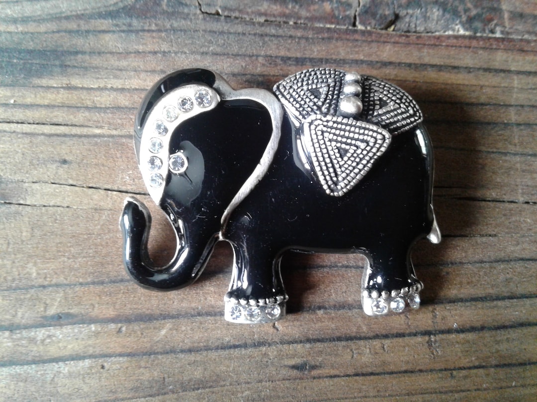 Vintage Black Enamel Elephant Brooch Pin Jewelry Rhinestones - Etsy