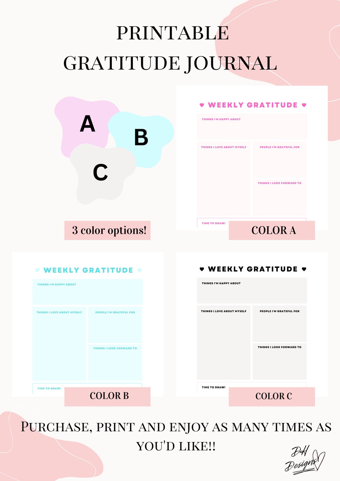 Printable Weekly Gratitude Journal, Self Care Planner, Mindfulness Log ...