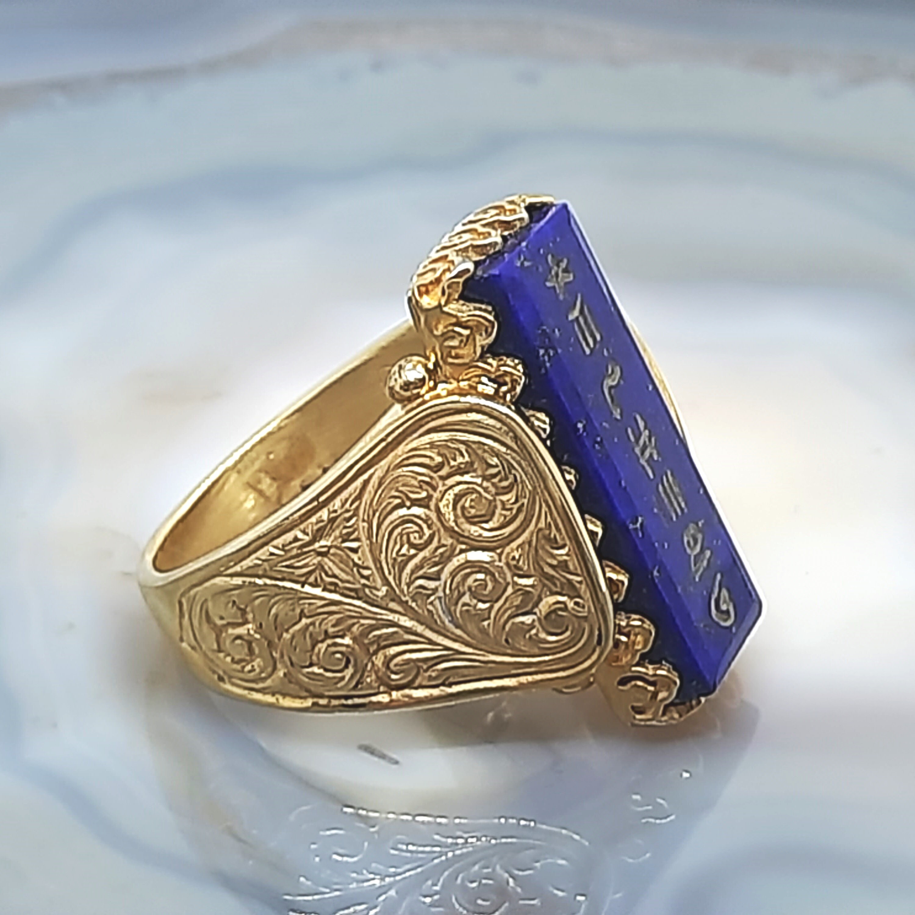 Islamic Talisman Engraving Lapis Stone Gold Plated Silver Ring - Etsy