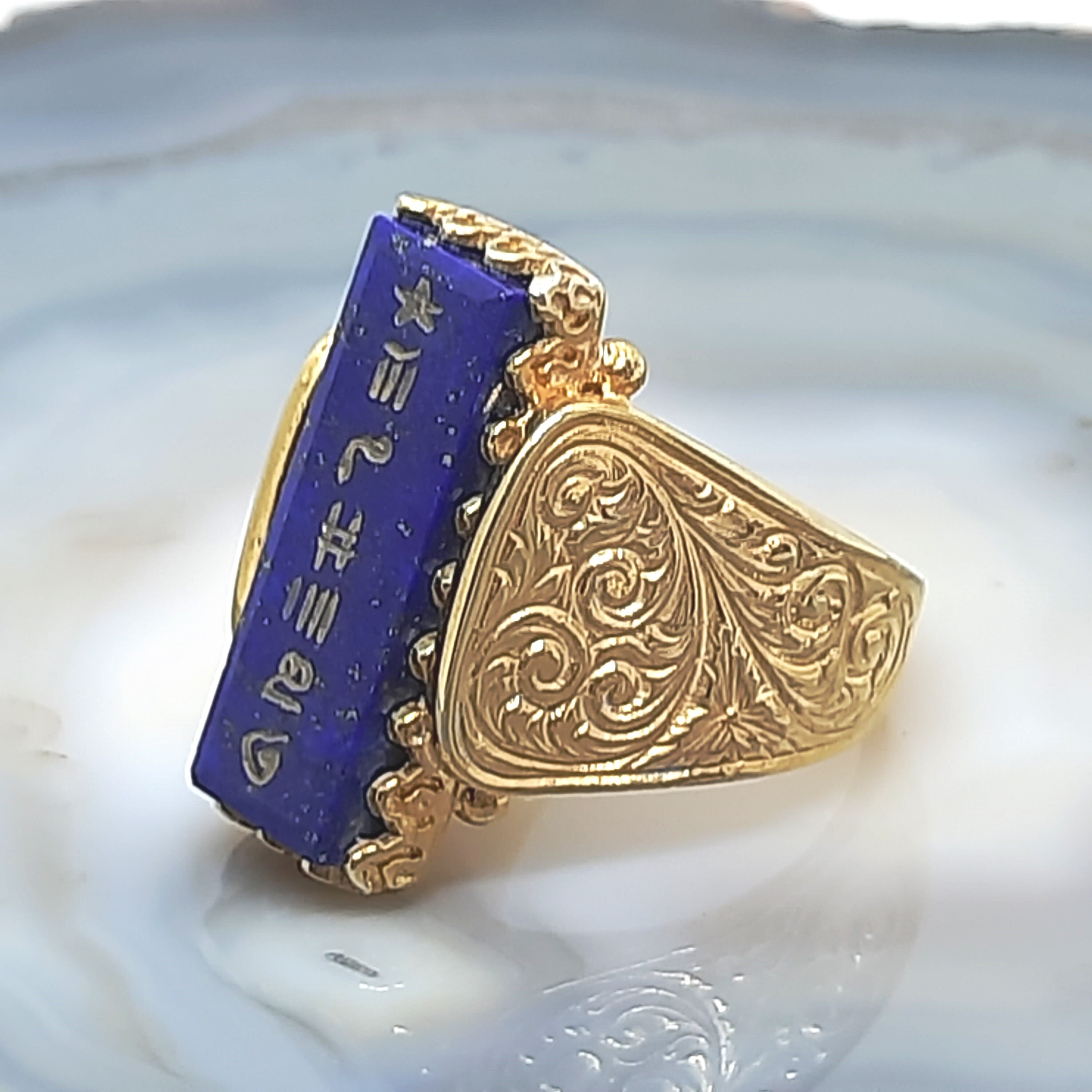 Islamic Talisman Engraving Lapis Stone Gold Plated Silver Ring - Etsy