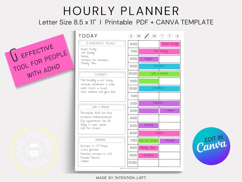 Hourly Planner ADHD Planner Time Blocking Planner Printable work From ...