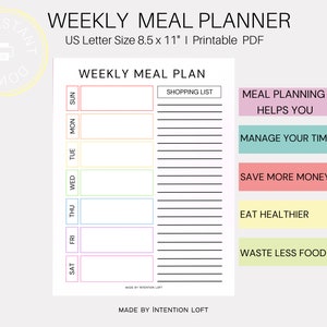 Weekly Meal Planner & Grocery List Printable-weekly Meal Plan-meal Prep ...