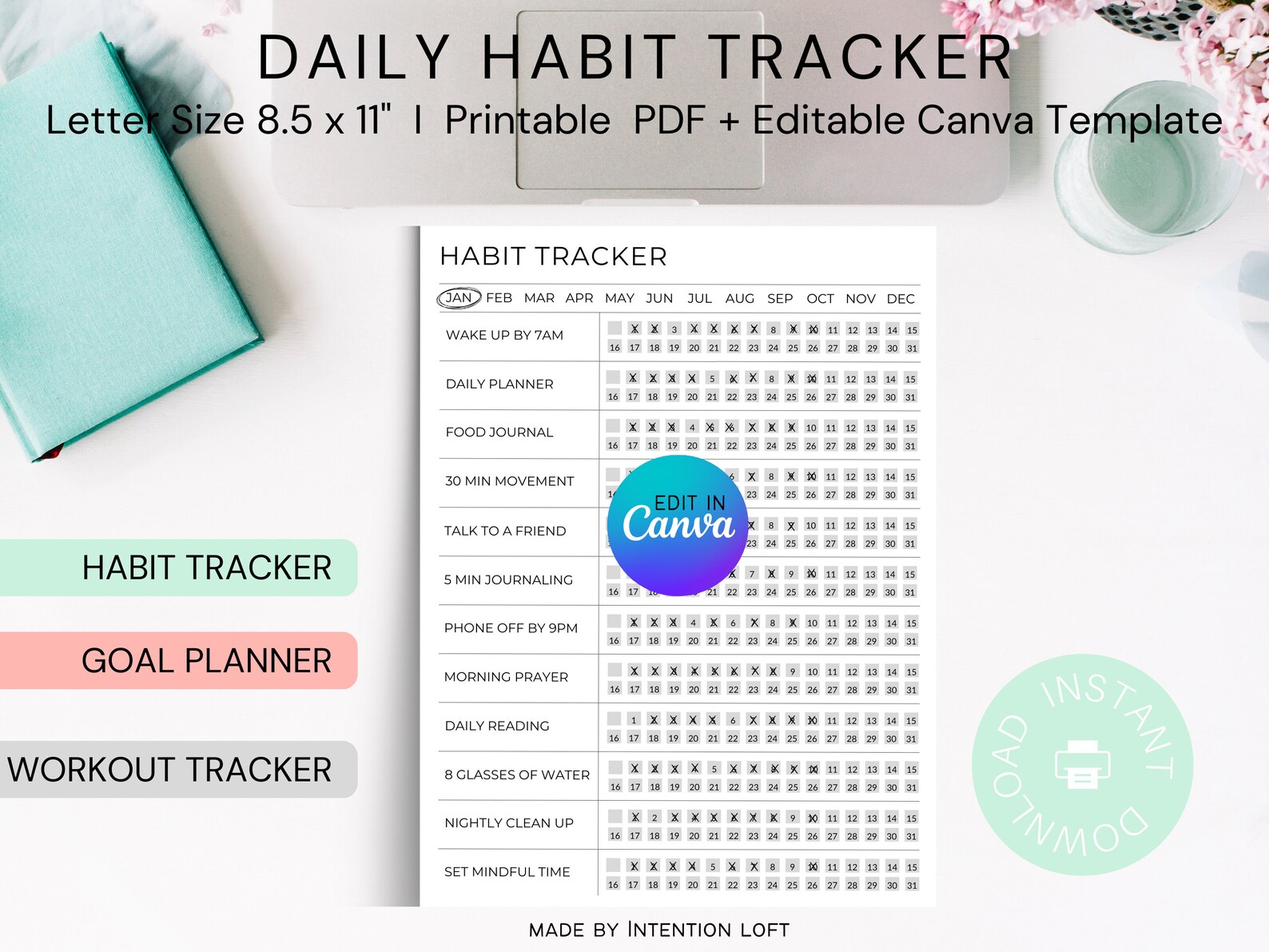 Habit Tracker Printable Goal Tracker Workout Tracker Monthly Habit ...