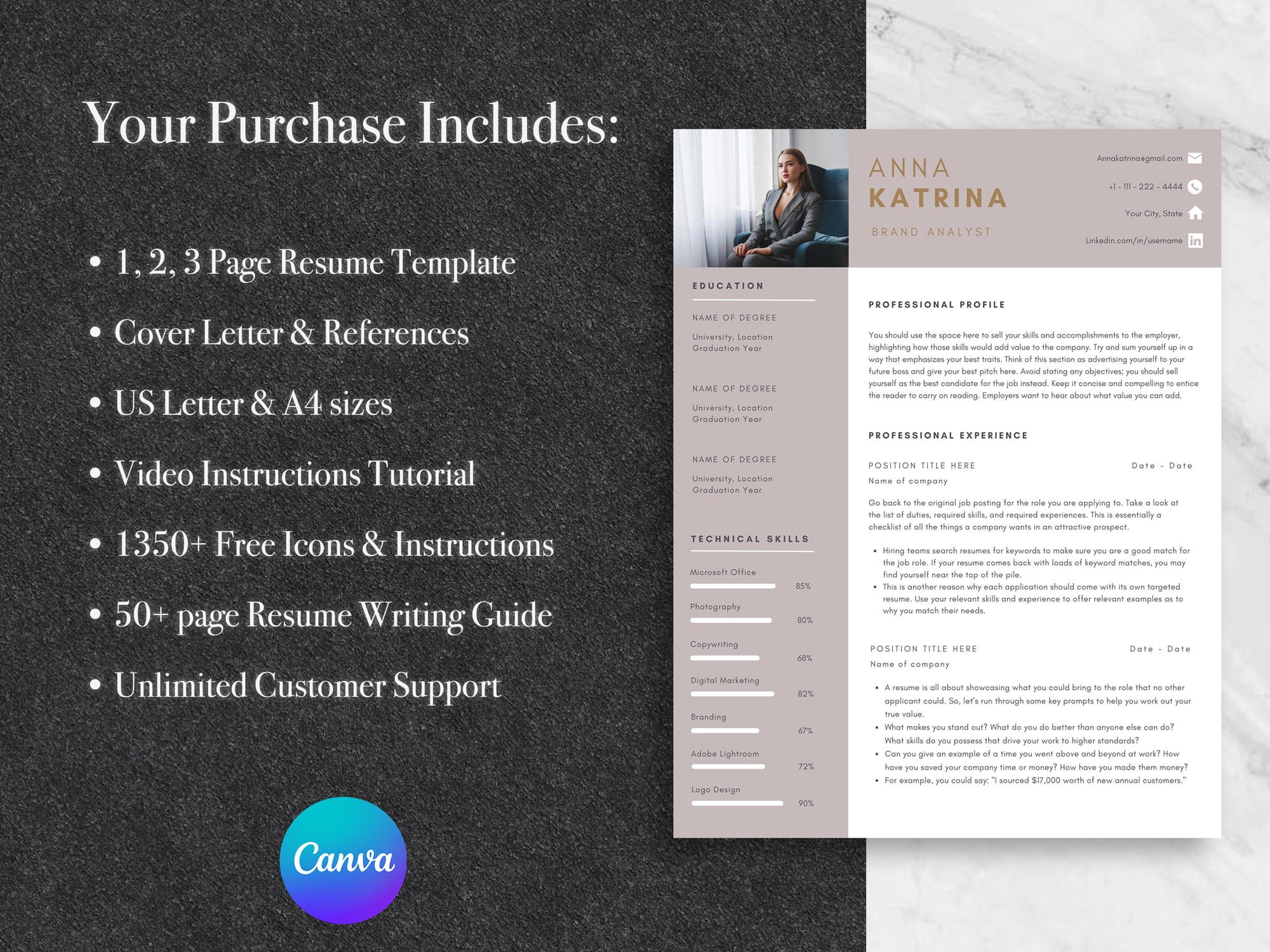 Canva Resume Template Professional Canva CV Template Modern - Etsy