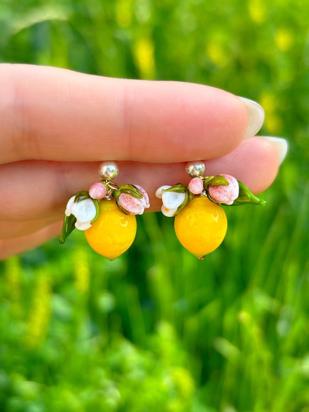 Lemon Earrings, Stud Earrings, Fruit Earrings, Sterling Silver, Murano ...