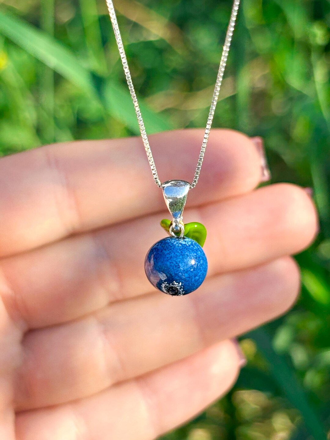 Blueberry Necklace, Berry Pendant, Sterling Silver, Murano Glass ...