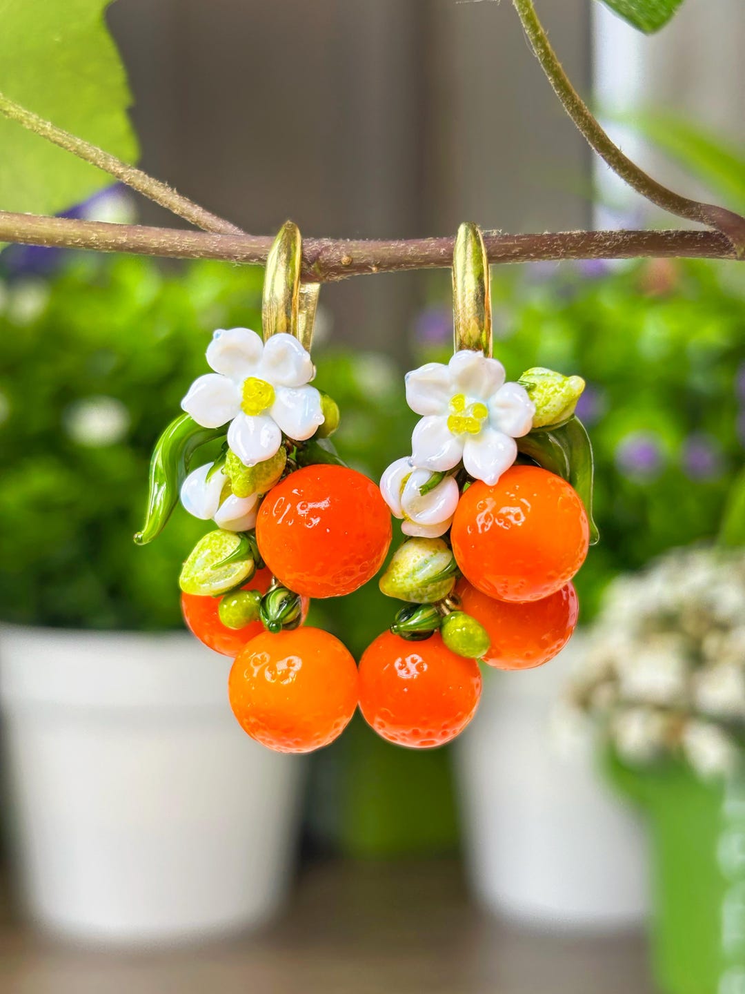 Lucky Orange Blossom Earrings, 925 Sterling Silver, Murano Glass ...