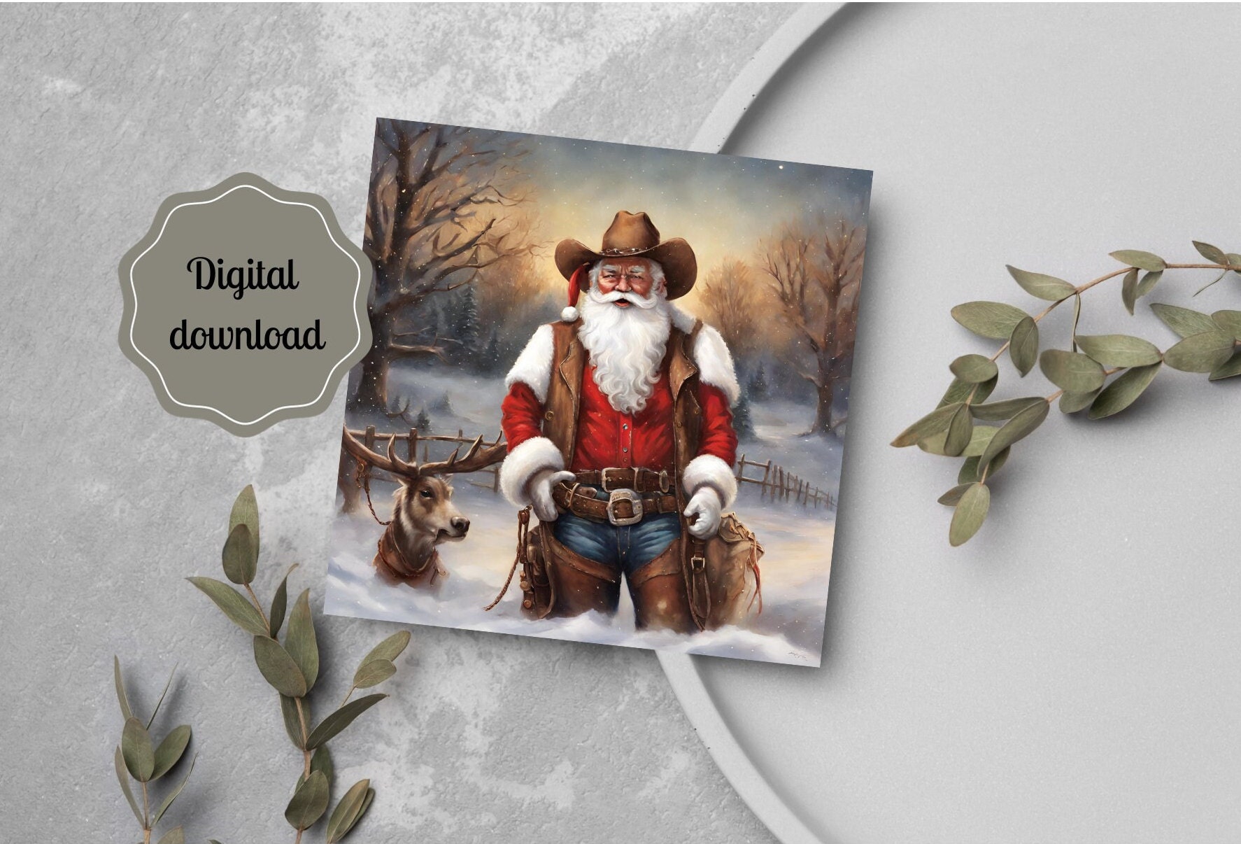 Printable Cowboy Santa Christmas Card Retro Vintage Traditional Western ...