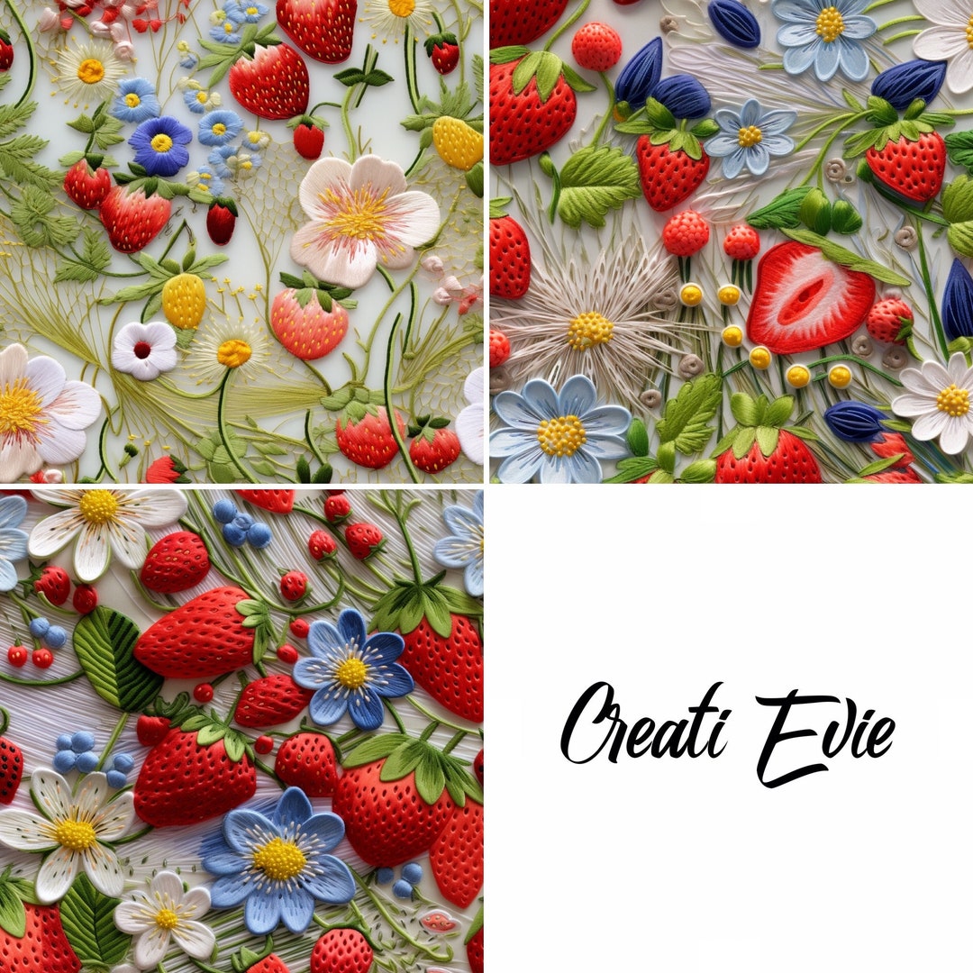 Set of 3 Spring Strawberries and Flowers Embroidered Seamless 3D ...