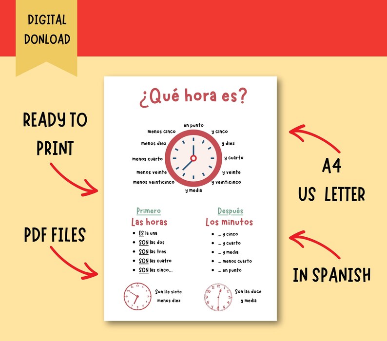 RELOJ in SPANISH, Teaching Clock, Tell the Time, Qué Hora Es, Reusable ...