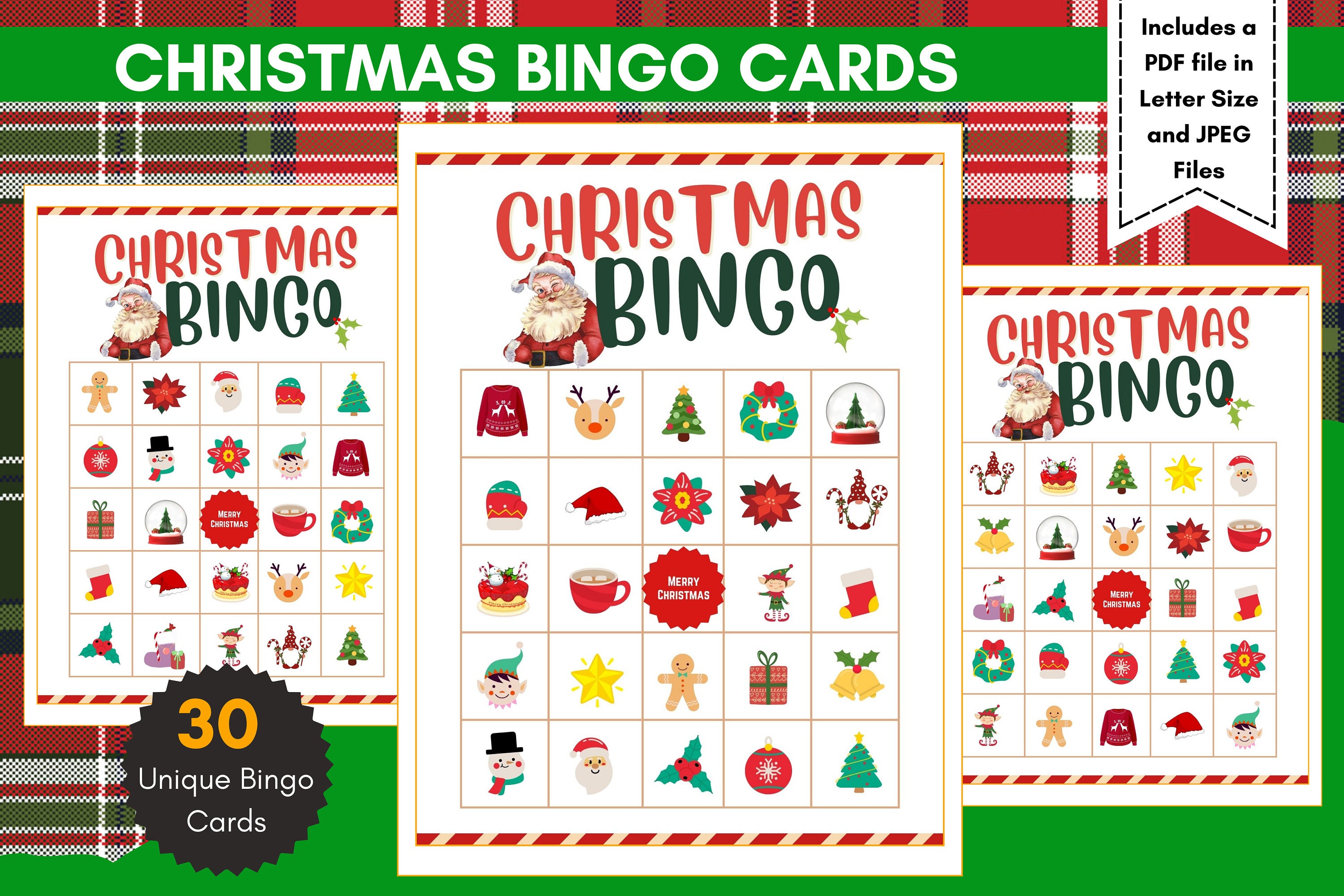 Christmas Bingo, 30 Christmas Printable Bingo Cards, Kids Christmas ...
