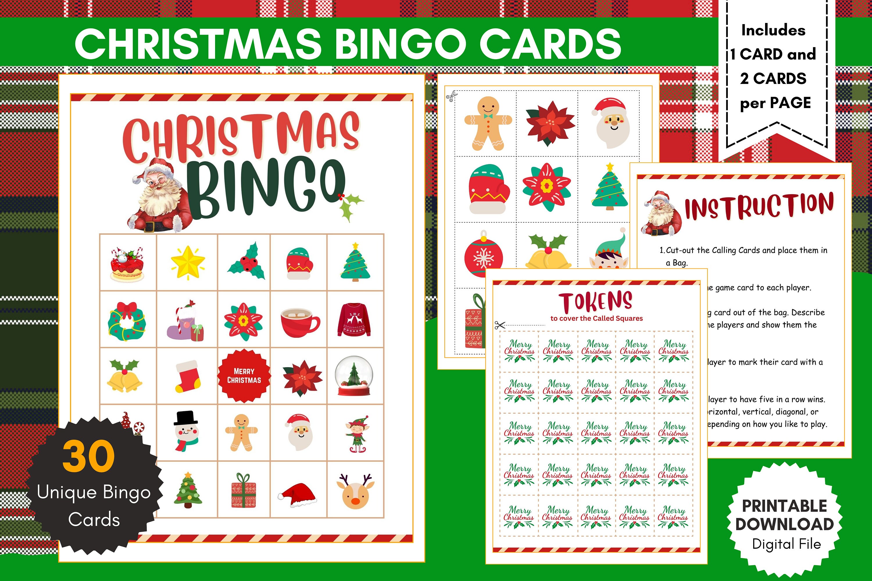 Christmas Bingo, 30 Christmas Printable Bingo Cards, Kids Christmas ...