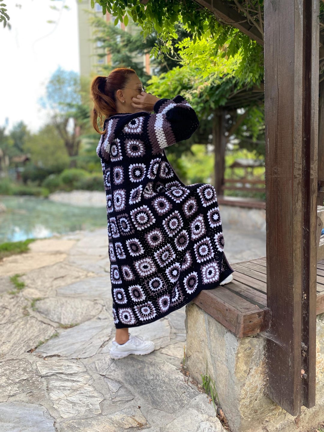 Granny Square Long Cardigan,crochet Plus Size Cardigan,boho Crochet ...