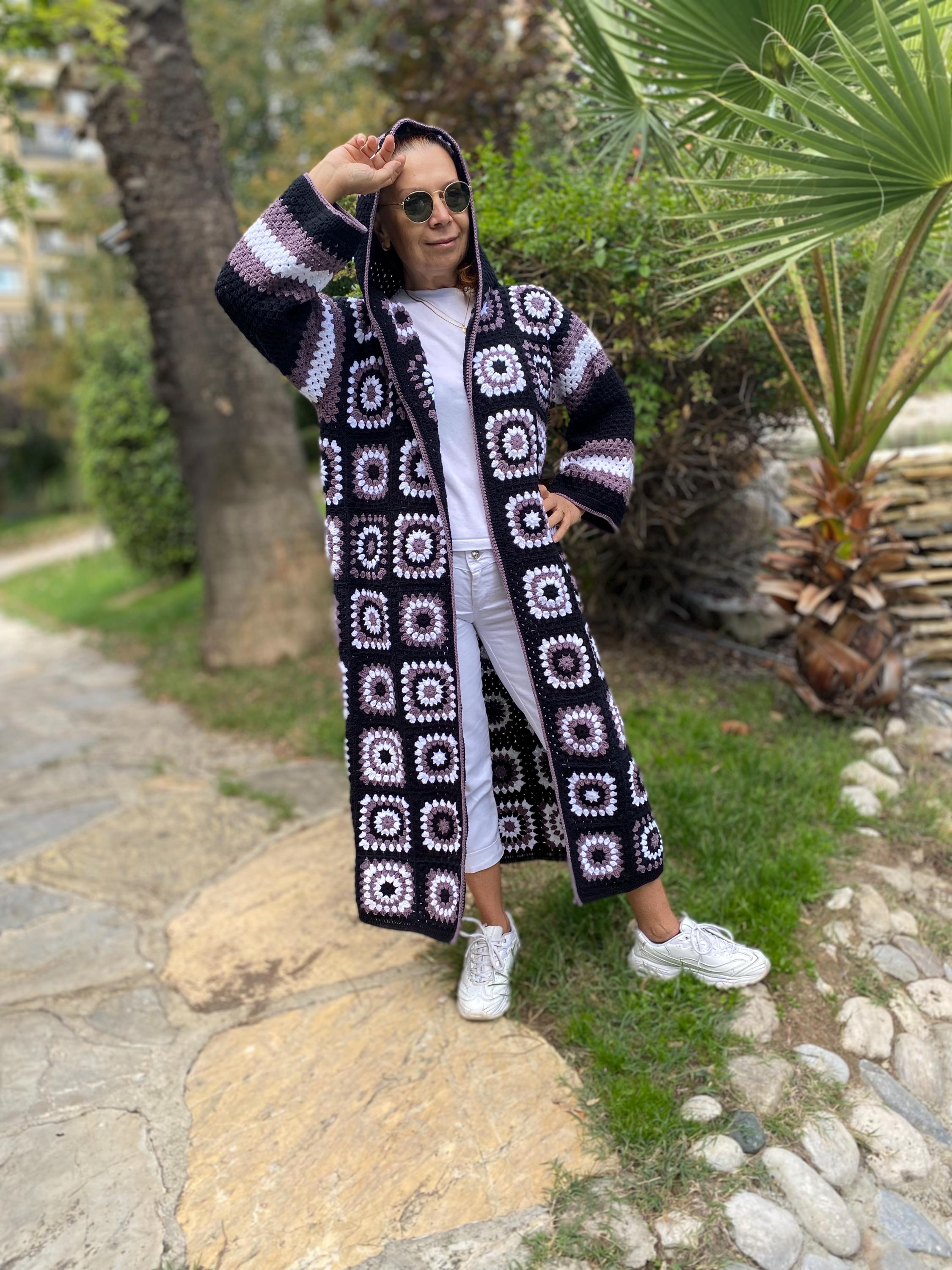 Granny Square Long Cardigan,crochet Plus Size Cardigan,boho Crochet ...