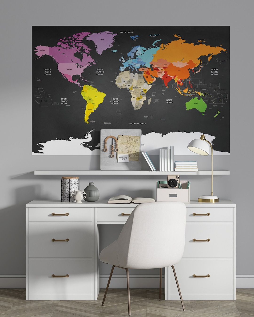 World Map Peel and Stick Wall Sticker, Black Map of the World Wall ...