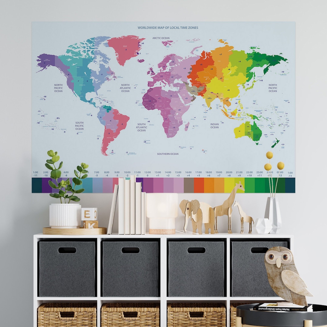 World Map Wall Sticker With World Local Time Zones Peel and Stick Wall ...