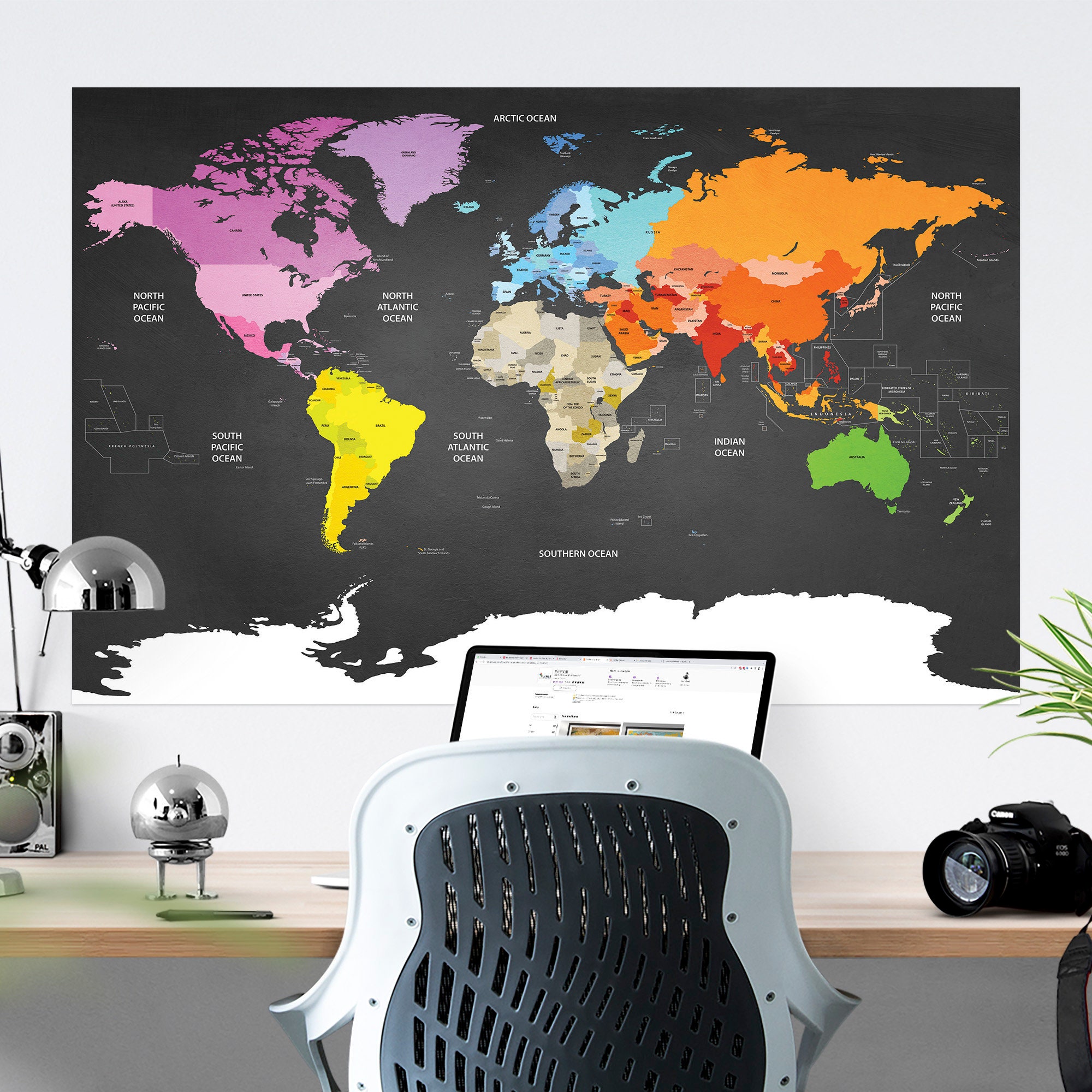 World Map Peel and Stick Wall Sticker, Black Map of the World Wall ...