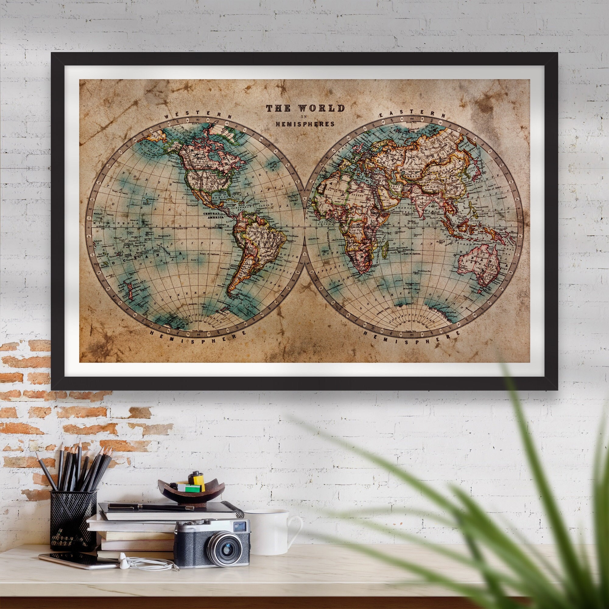 Modern Vintage World Map Framed Canvas Wall Art, Large Size Hemisphere ...